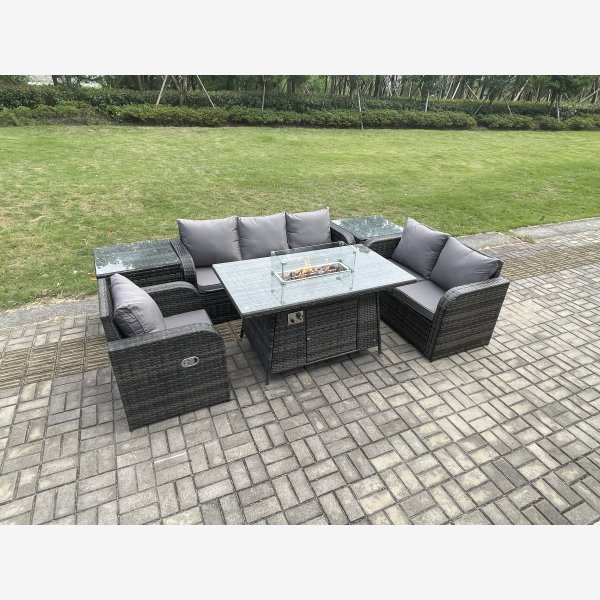 Fimous Garden Patio Furniture Wicker Rattan Gas Fire Pit Table and Sofa ...