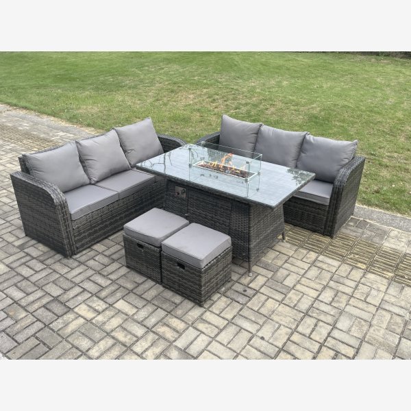 Fimous Rattan Garden Furniture Set with Fire Pit Table 8 Seater Outdoor ...